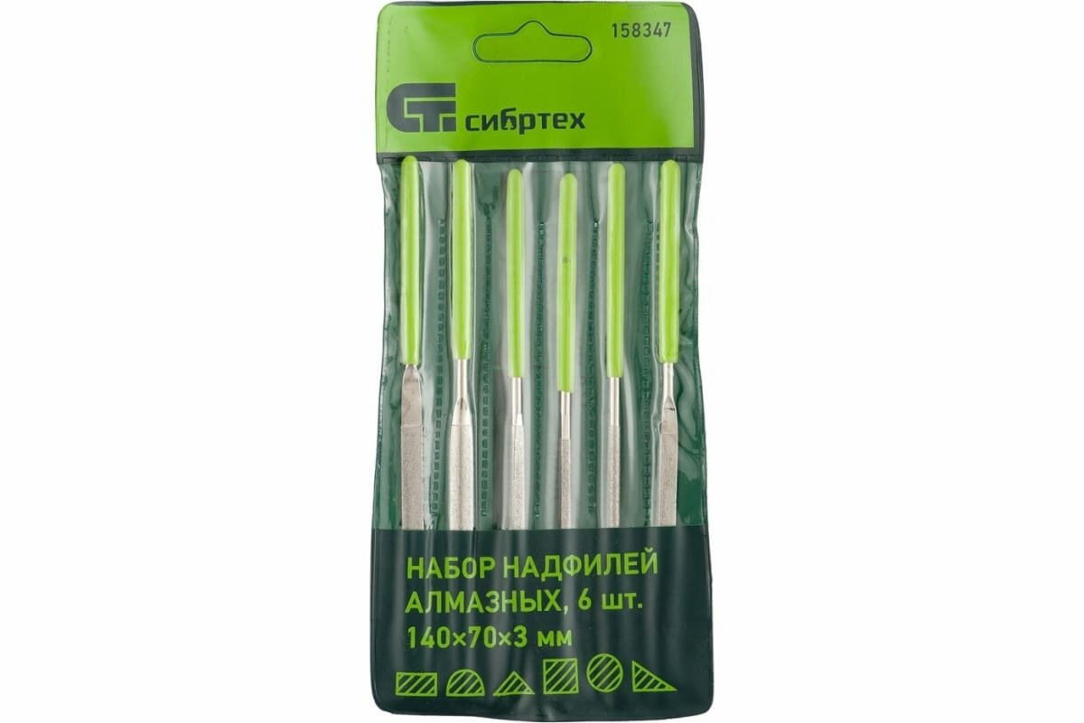 СИБРТЕХ Набор алмазных надфилей 140x70x3 мм, 6 шт, модель 158347 для точной обработки