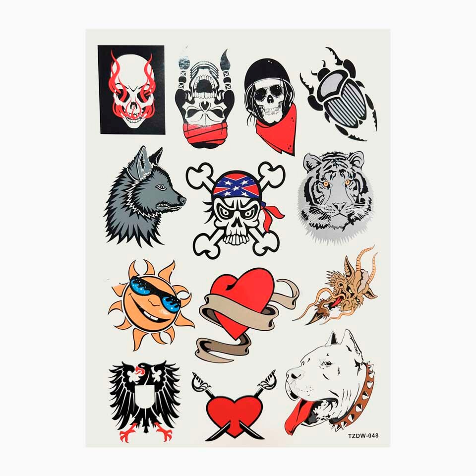 Наклейки на мотоцикл, мопед: черепа, волк, тигр, сердце и др. (13 элементов) (21х30)