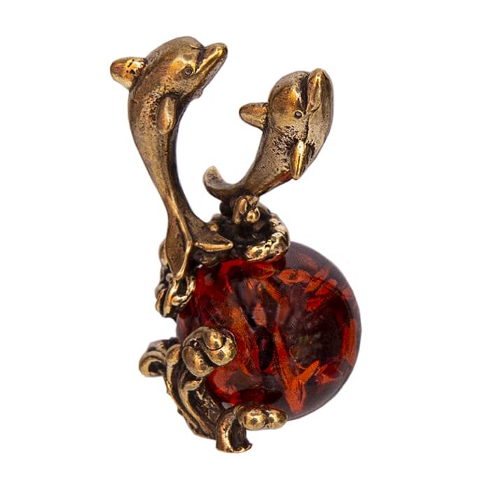 Фигурка декоративная с вставкой натуральный янтарь Дельфины 4 х 4 см