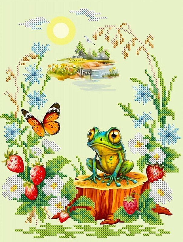 Ткань с рисунком для вышивания бисером Каролинка #ТКБЖ 4046 Лягушонок в деревне, Вышивка бисером, 19 х 25.4 см (Бисер в комплект не входит.)