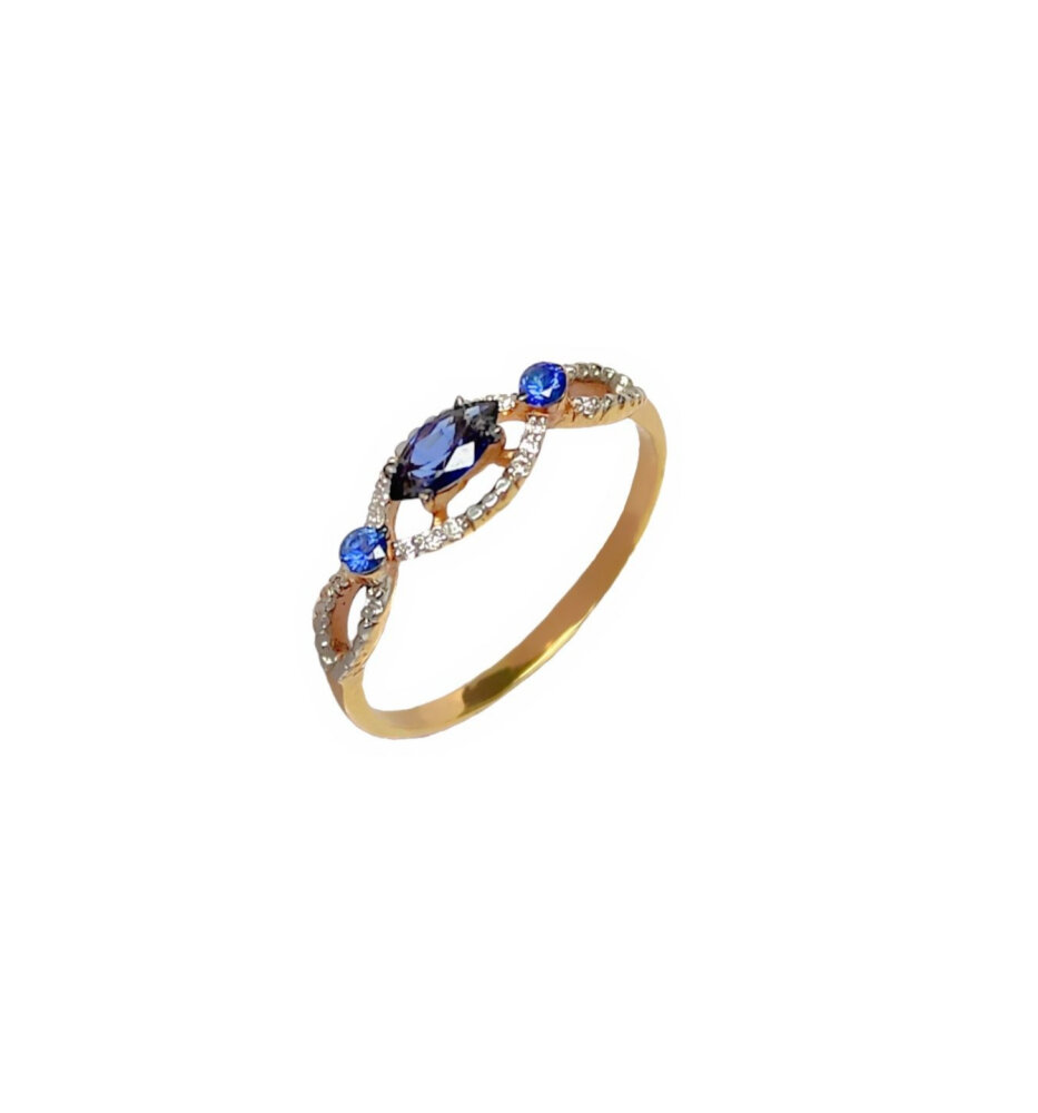 Кольцо дорожка, тонкое, красное золото, 585 проба, родирование, бриллиант, сапфир