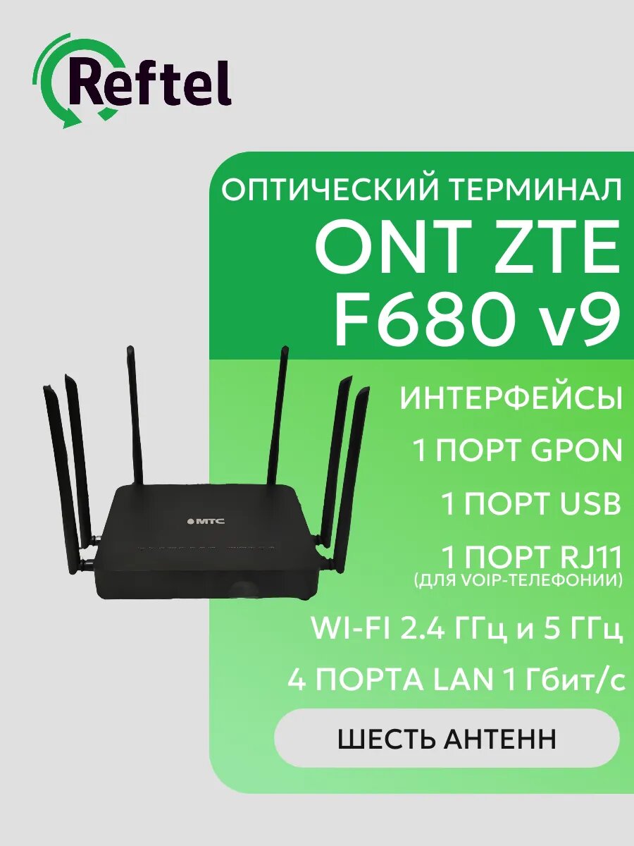 ZTE ZXHN F680 v9 терминал оптический Wi-Fi 2.4/5 ГГц 6 антенн 1xGPON SC/APC 4xLAN (GE, RJ45) 1xPOTS (FXS, RJ11) 1xUSB