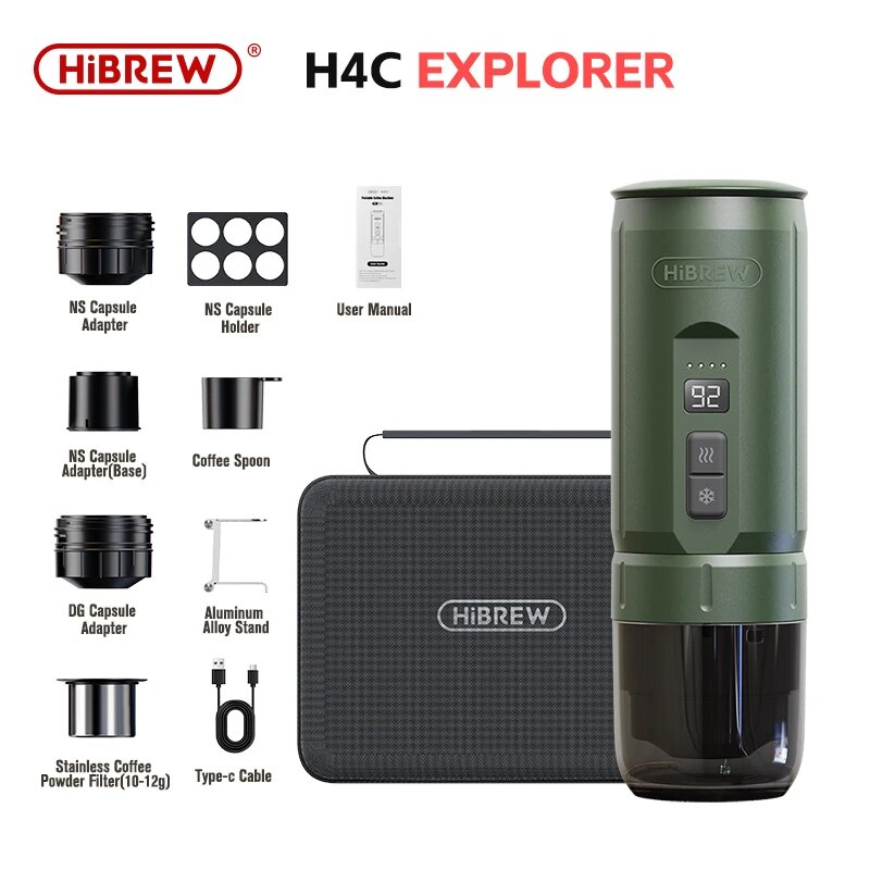 HiBREW H4C Портативная Эспрессо-Кофемашина 3в1 Путешественная Кофемашина с Литий-ионной Баттерией 7500 мАч Самонагревающаяся Капсулы Ns DG и Молотый кофе
