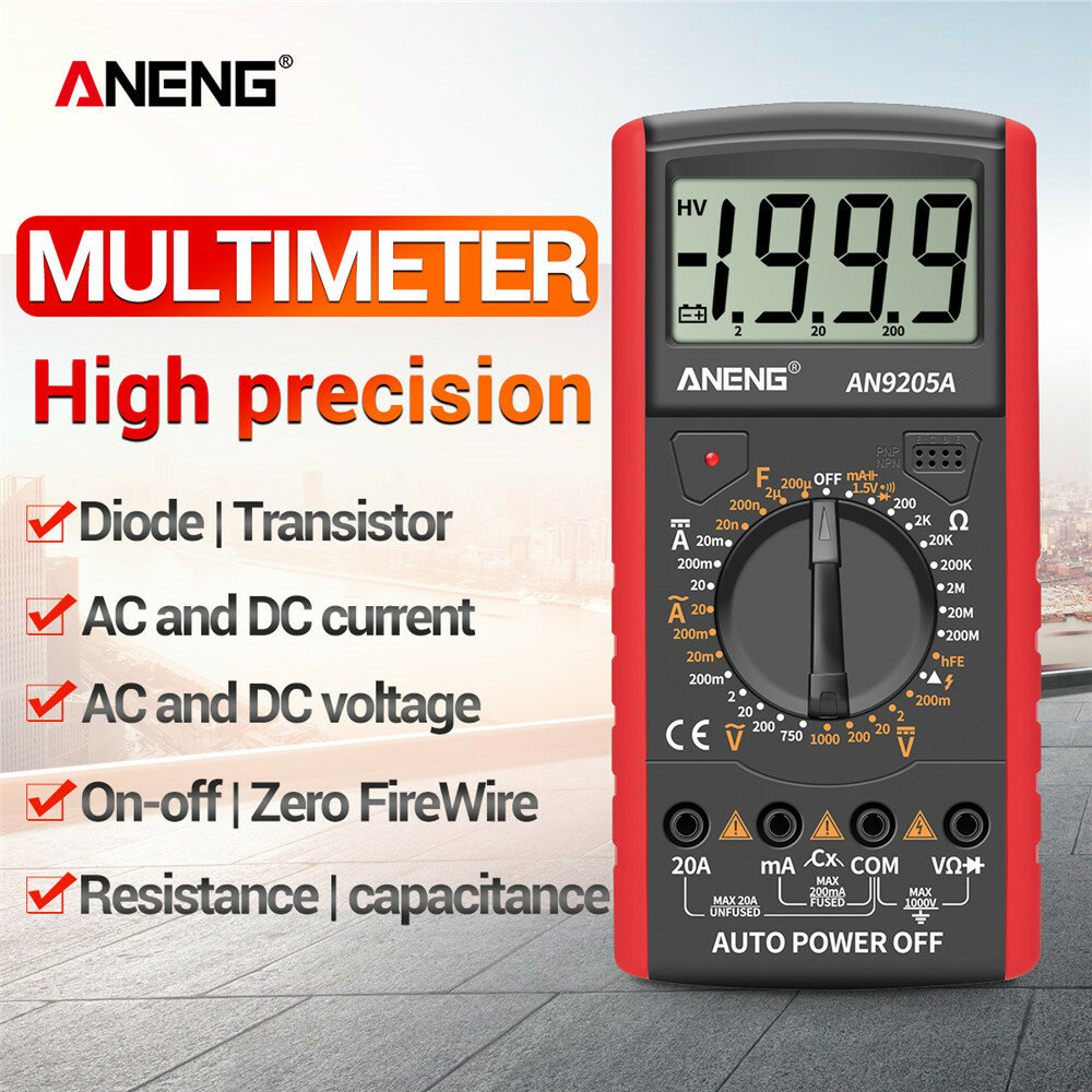 Цифровой мультиметр ANENG AN9205A с ЖК-дисплеем 3 1/2 дюйма, 1999 отсчетов, ручной диапазон, универсальный измеритель переменного и постоянного тока, сопротивления, емкости, транзистора, тестер, многофункциональный амперметр с подсветкой красного цвета