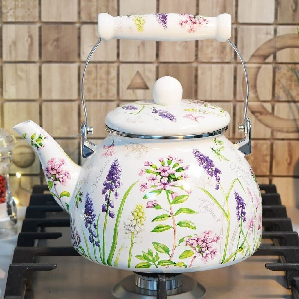 Чайник 2,5л «Альпийские цветы» из эмалированной стали с керамической ручкой, быстрый нагрев, подходит для всех плит