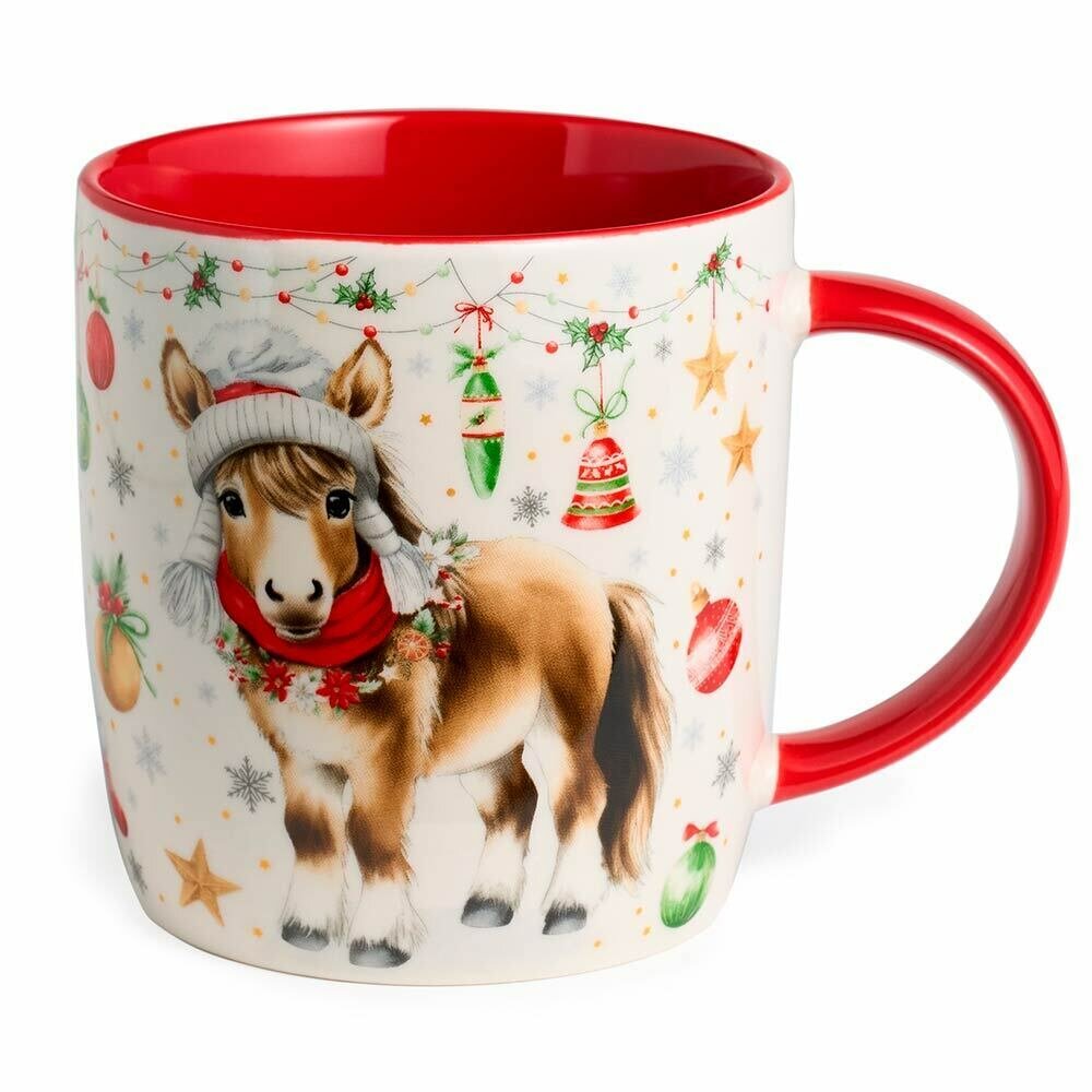 Кружка керамическая 355мл "Pony winter story", красная, с зимним рисунком, для чая или кофе