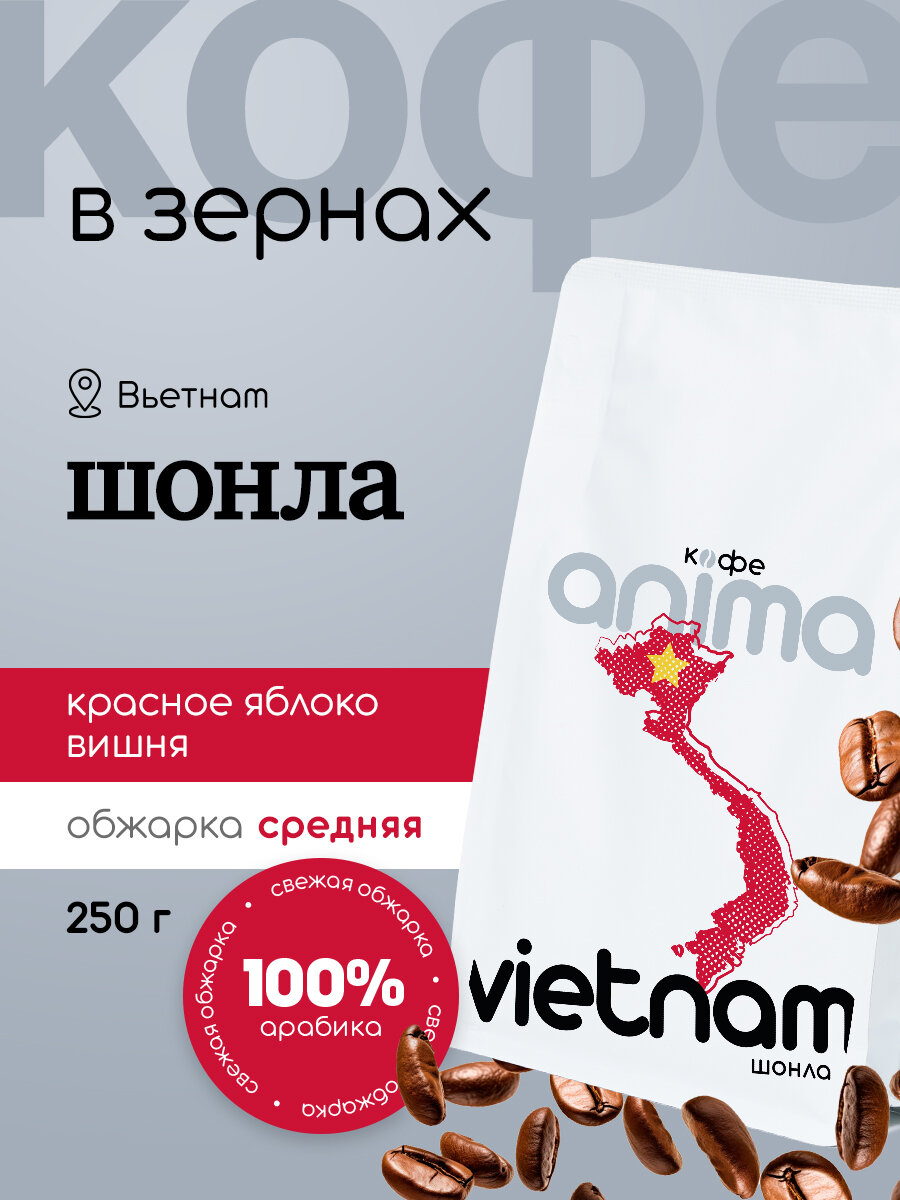 Кофе зерновой Анима "Вьетнам", 100% арабика, средняя обжарка, Шонла 250гр зерно