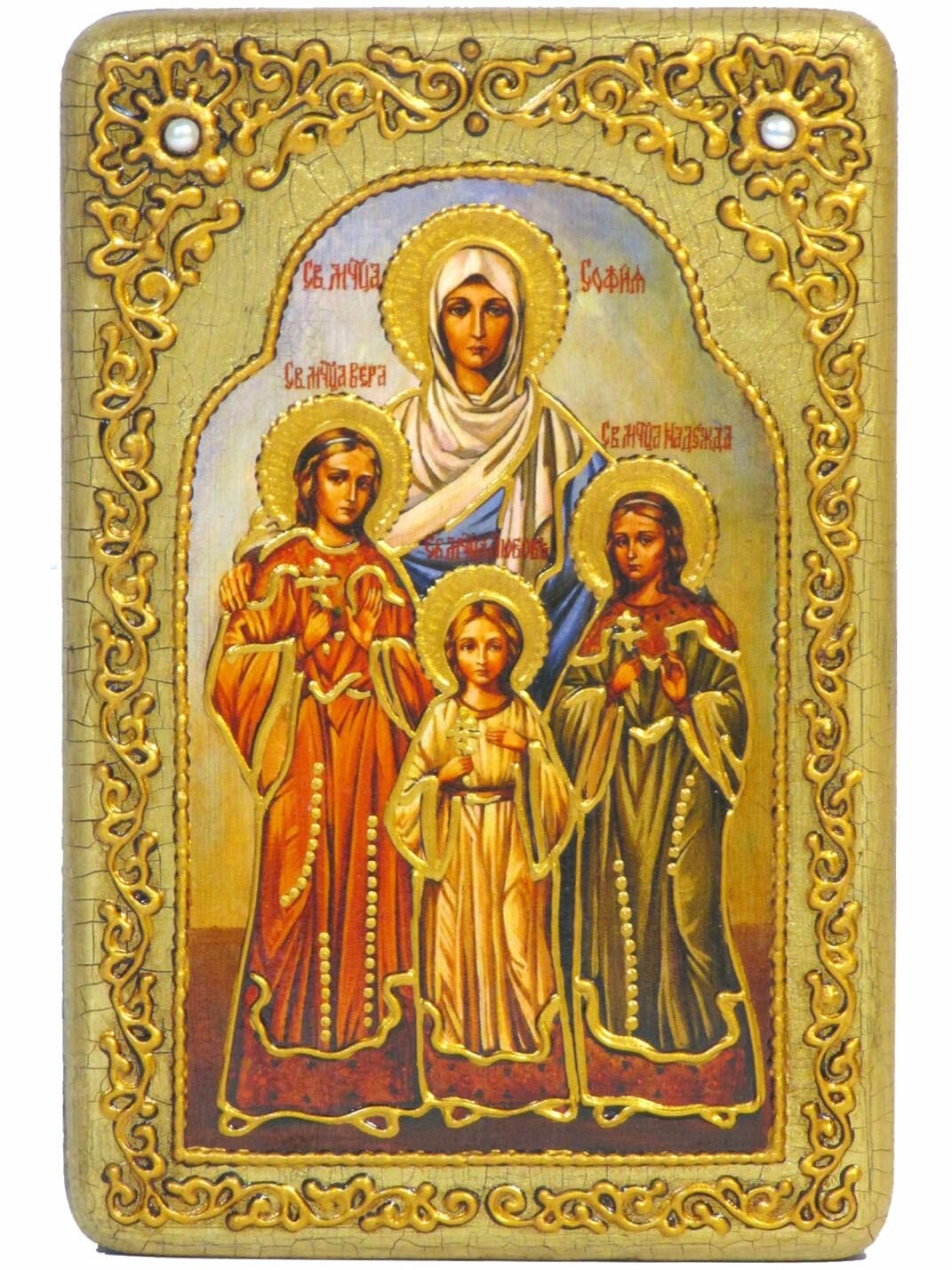 Настольная икона Вера, Надежда, Любовь и мать их София на доске из черного дуба 10х15 см