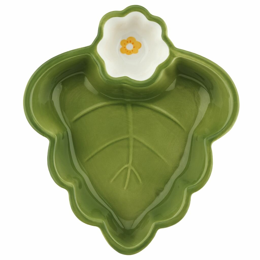 Блюдо сервировочное КНР керамическое "Зеленый лист", 235х205х40 мм, 540 мл, с соусником диаметр 77 мм, 60 мл, с деколью, зеленый, в коробке (AYFJ22-156)