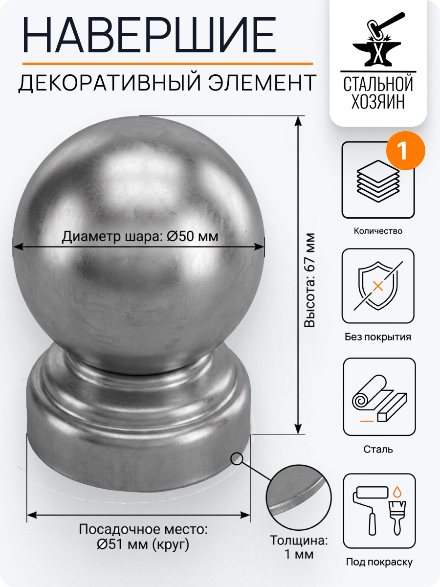 1 шт. Кованый элемент Заглушка навершие из стали на круглую трубу 51 мм