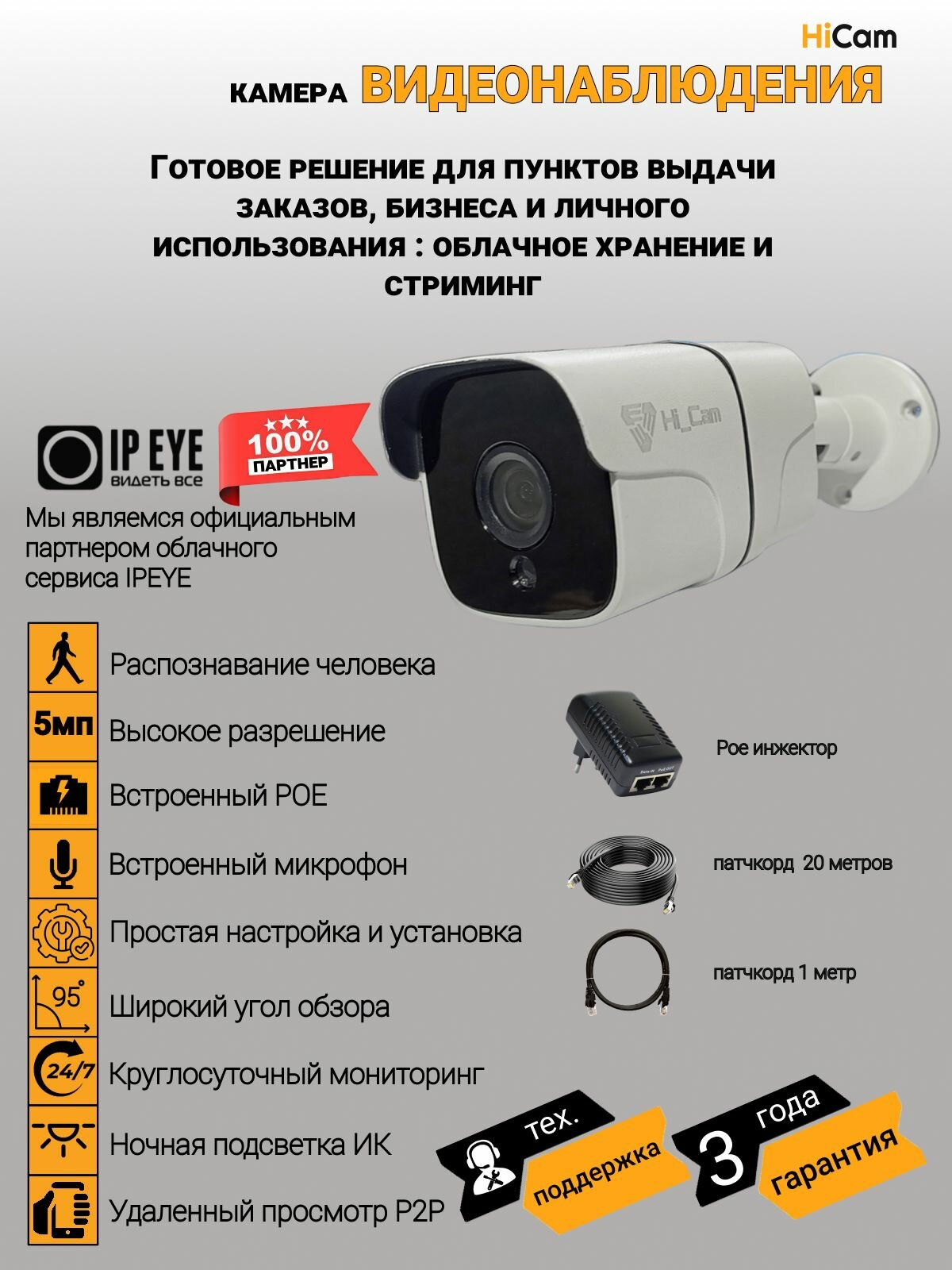 Камера видеонаблюдения IP, Hi_Cam, с сервисом IPEYE, 5Мп, с микрофоном