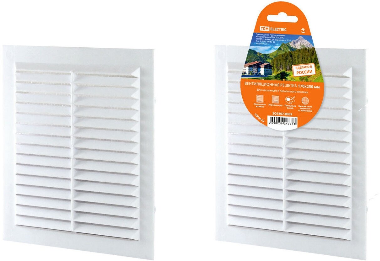 Решетка вентиляционная неразъемная с москитной сеткой, белая 170х250 TDM