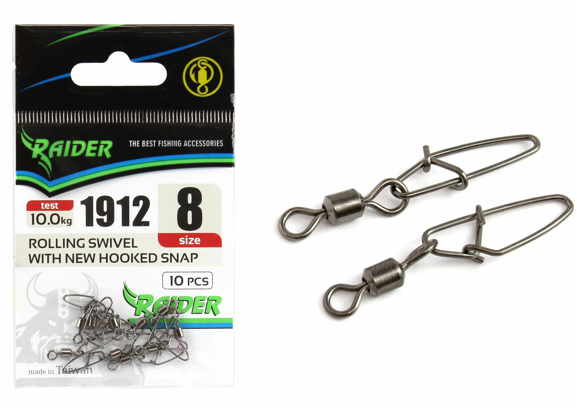 Карабин с вертлюгом RAIDER ROLLING SWIVEL WITH NEW HOOKED SNAP (уп.10шт) №8 (test 10.0кг), для рыбалки, рыболовный