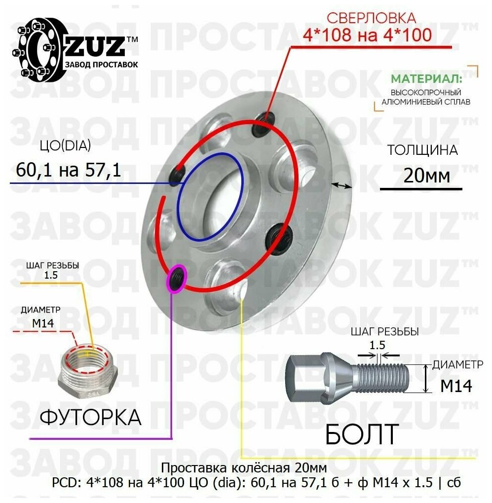 Проставка колёсная 1 шт 20мм 4*108 на 4*100 ЦО 60,1 на 57,1 Крепёж в комплекте Болт + Футорка М14*1,5 ступичная с бортиком переходная адаптер для дисков 1 шт на ступицу 4x108 на 4x100