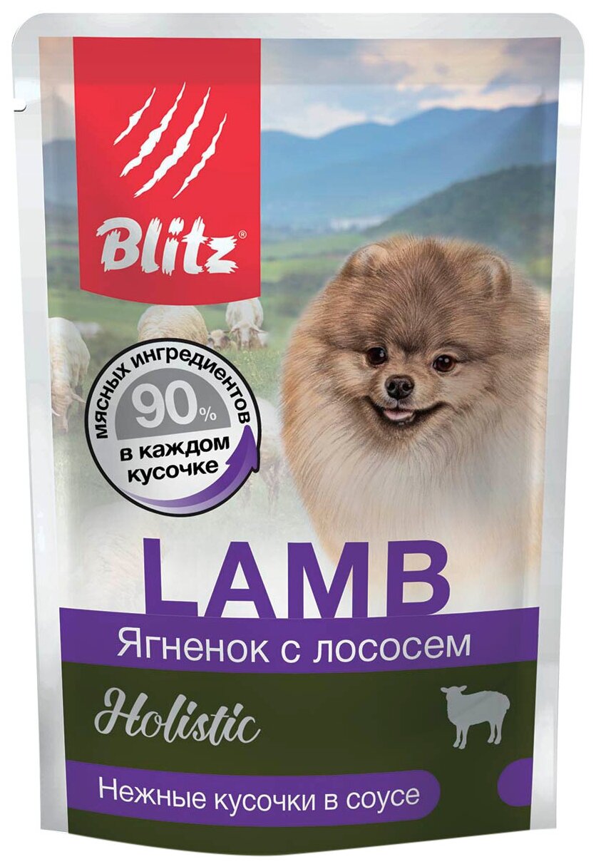 Влажный корм для собак мелких пород Blitz Holistic ягненок с лососем, паучи, 85г х 24 шт