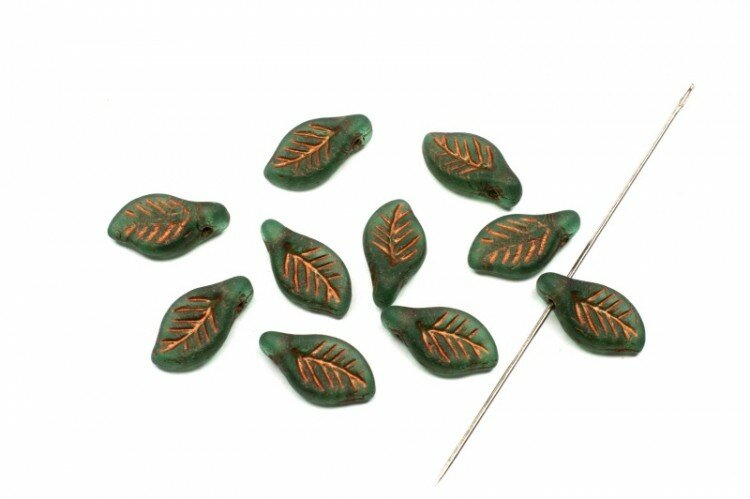 Бусина Листочек 12х6х3мм, цвет 50720/84100/54319 изумрудный с медью, прозрачная, 735-173, 10шт