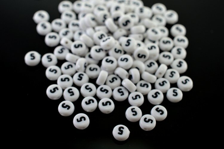 Бусина с цифрой 5, размер 7х4мм, отверстие 1мм, цвет белый/черный, 540-133, 5шт