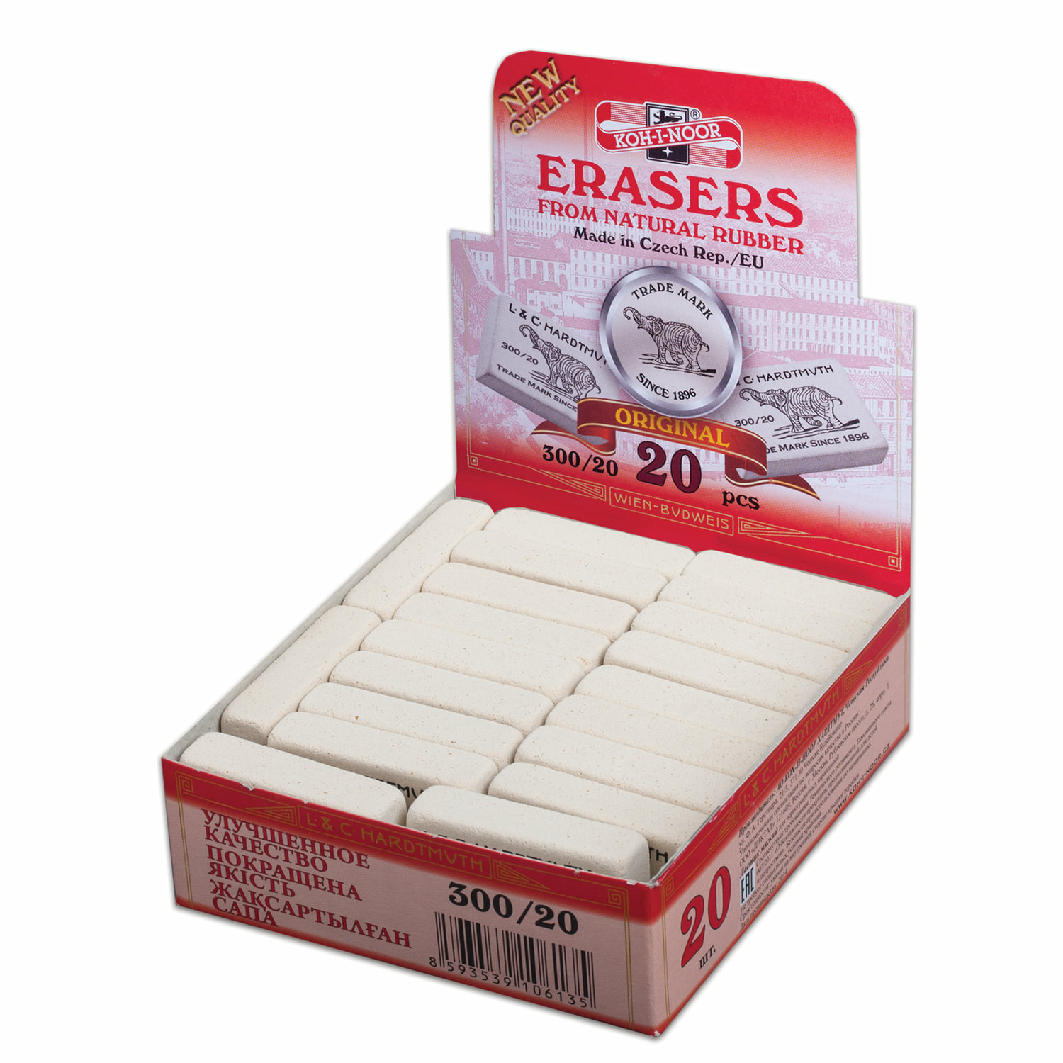 Упаковка 20 шт. Ластик KOH-I-NOOR "Слон" 300/20, 45х32х12 мм, белый, прямоугольный, натуральный каучук, 0300020024KDRU