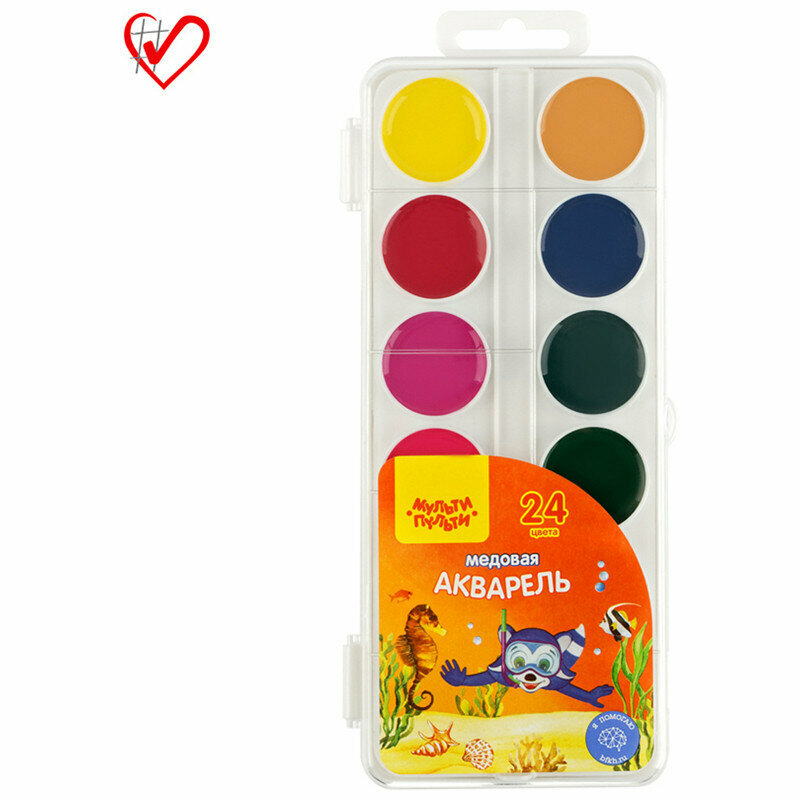 Акварель Мульти-Пульти "Енот в Красном море", медовая, 24 цветов, без кисти, пластик, европодвес, 240043
