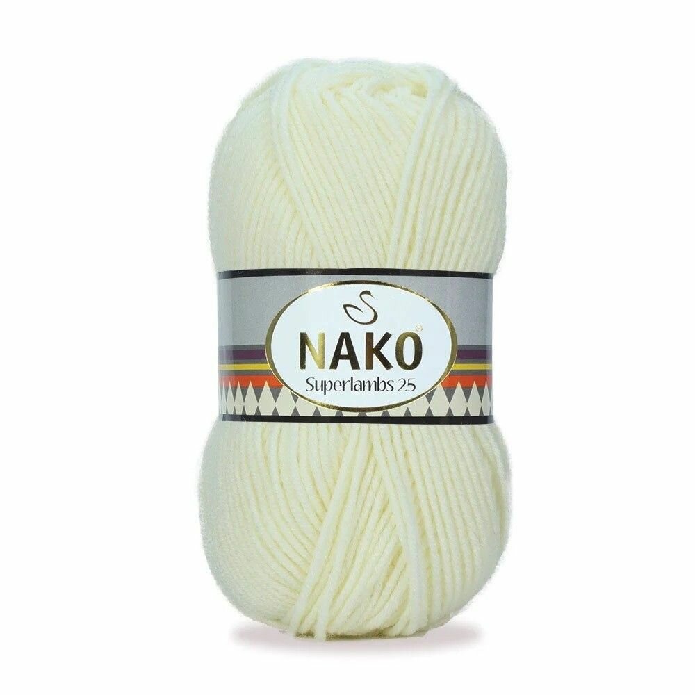 Пряжа NAKO Superlambs 25, молочный - 2378, 25% шерсть, 75% премиум акрил, 5 мотков, 100 г, 200 м.