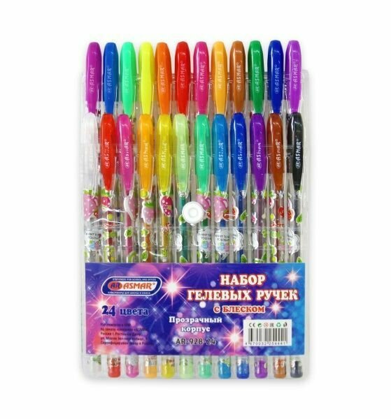 Набор гелевых цветных ручек в цветном корпусе с блестками - 24 штуки