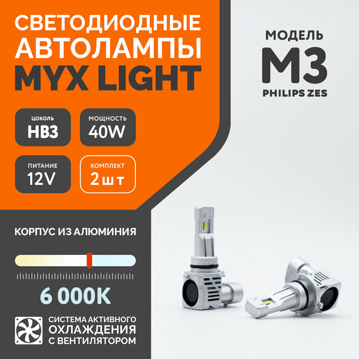 Светодиодные автомобильные лампы MYX Light M3 с вентилятором, напряжение 12V, мощность 40W, LED чип ZES, температура света 6000K, цена за 2шт, цоколь HB3 (9005)