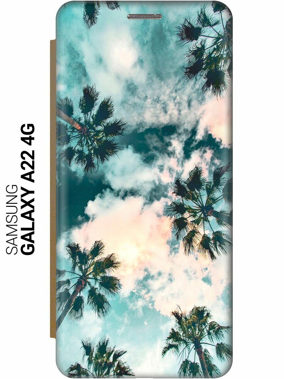 Чехол-книжка на Samsung Galaxy A22, M32, M22, Самсунг А22, М32, М22 c принтом "Отдых под пальмами" золотистый