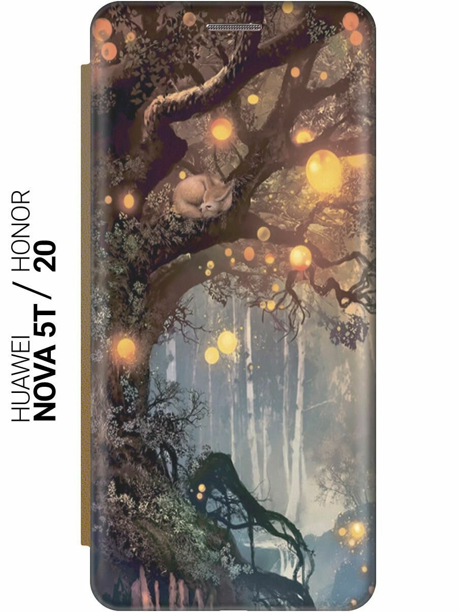 Чехол-книжка на Honor 20, Huawei Nova 5T, Хонор 20, Хуавей Нова 5Т c принтом "Лиса на древе" золотистый