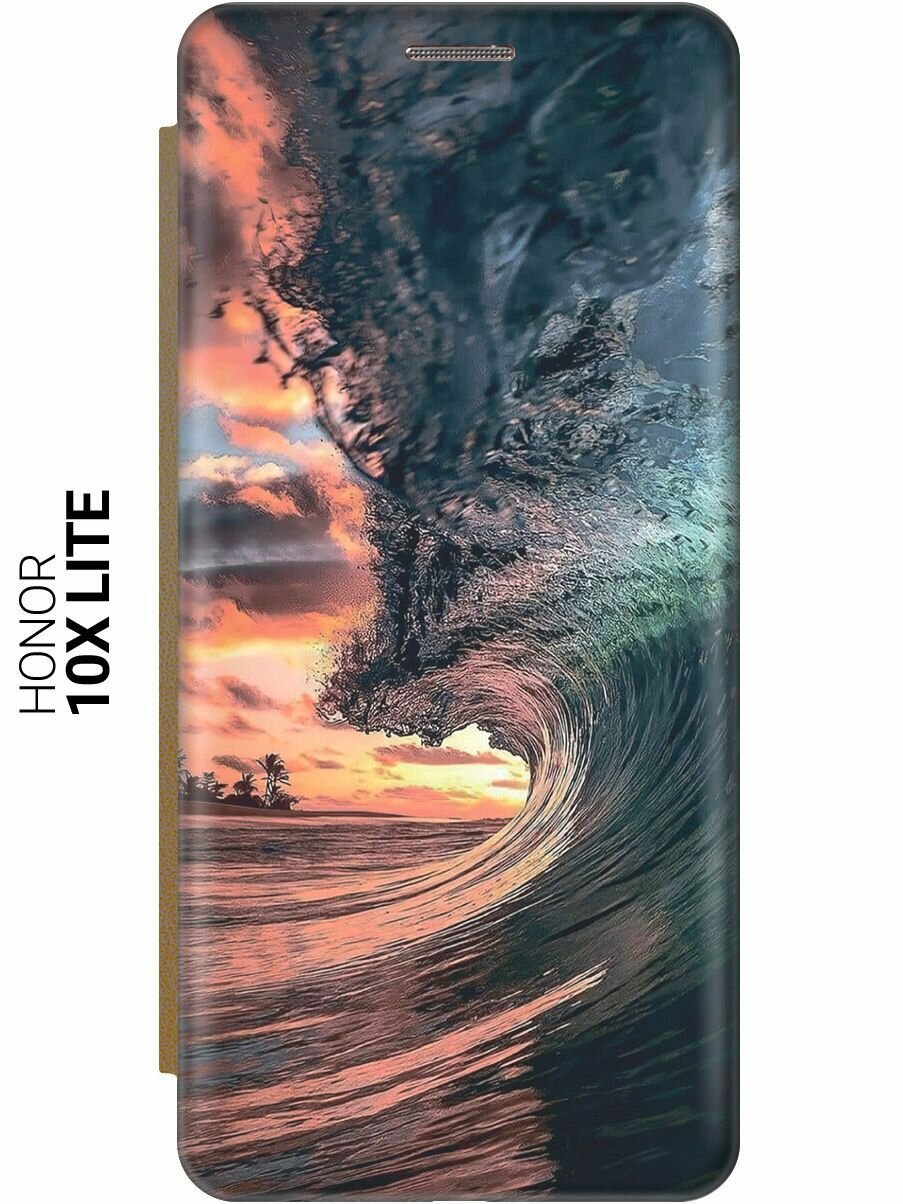 Чехол-книжка на Honor 10x Lite, Хонор 10Х Лайт c принтом "Волна на закате" золотистый