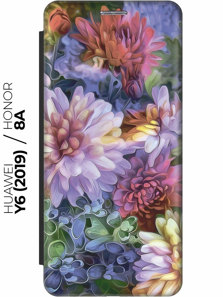 Чехол-книжка Цветные хризантемы на Honor 8A / 8A Pro / Huawei Y6 (2019) / Y6 Prime (2019) / Хонор 8а / 8а Про / Хуавей У6 2019 / У6 Прайм 2019 черный