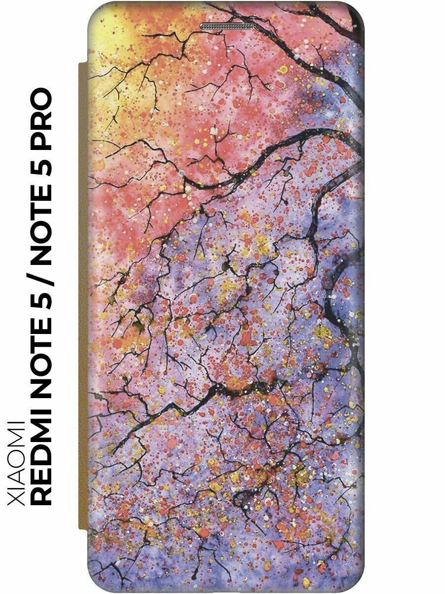 Чехол-книжка Лето в ветках на Xiaomi Redmi Note 5 / Note 5 Pro / Сяоми Редми Ноут 5 / Ноут 5 Про золотой