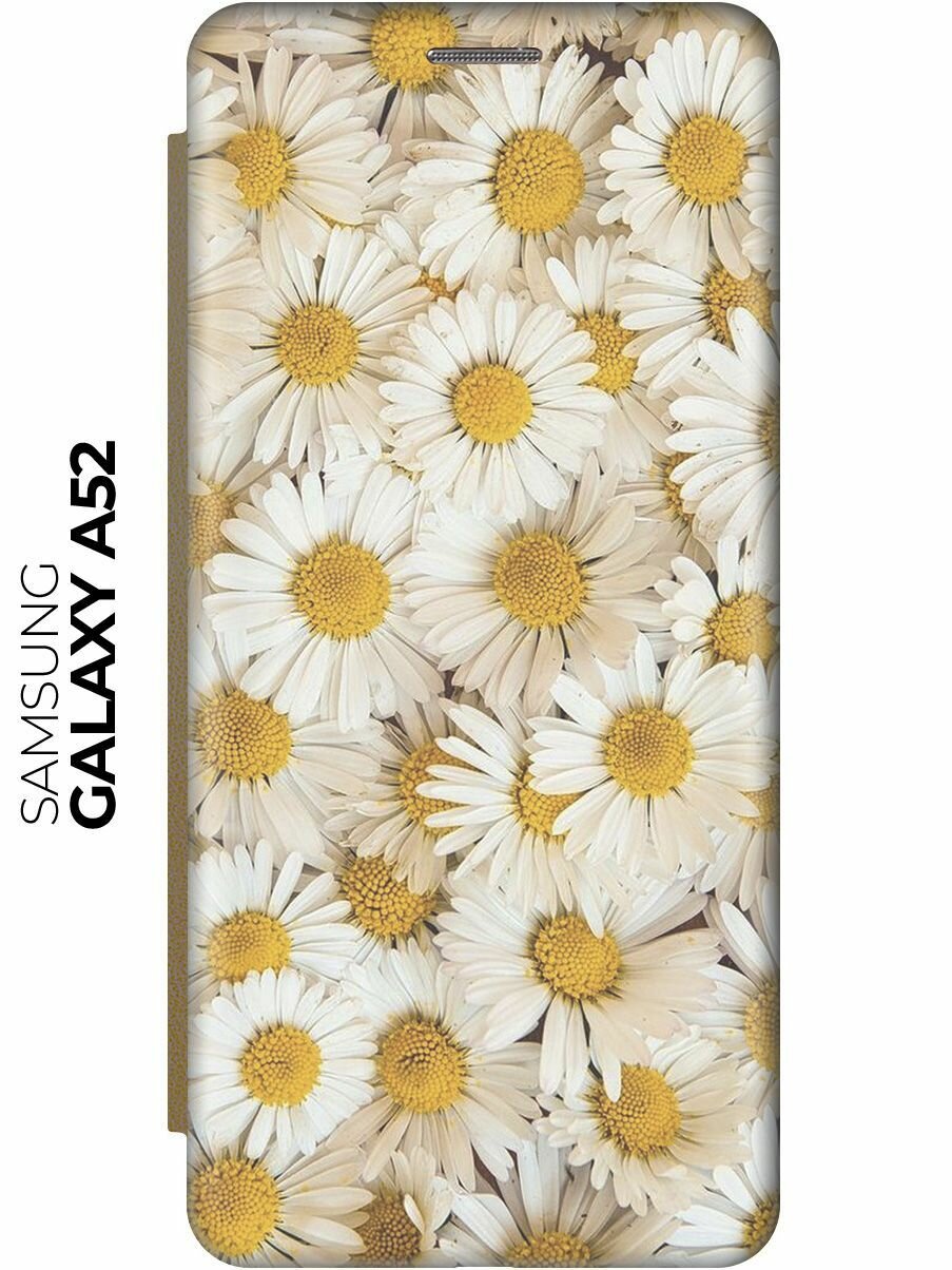 Чехол-книжка Много ромашек на Samsung Galaxy A52 / Самсунг А52 золотой