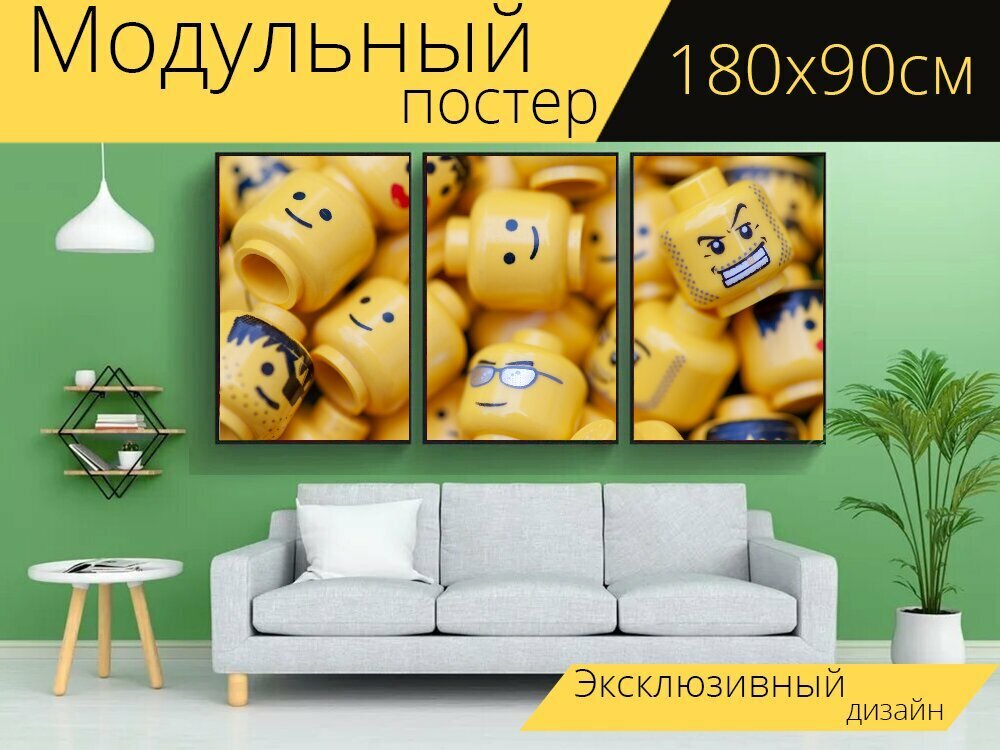 Модульный постер "Конструктор лего, цифры, головы" 180 x 90 см. для интерьера