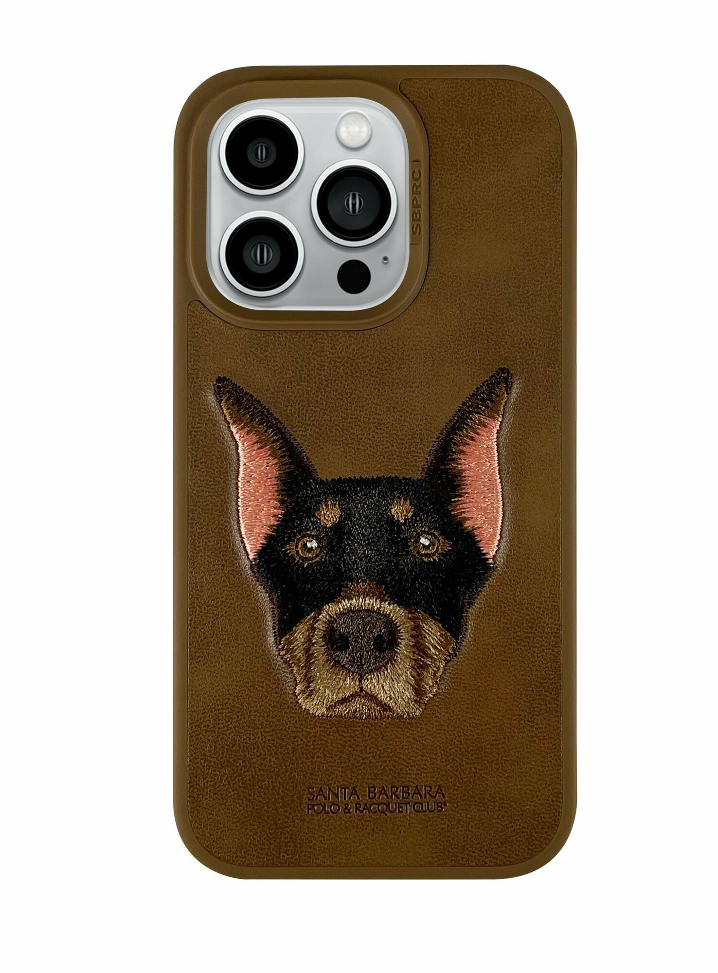 Чехол для Apple iPhone 15 Pro Max защитный с объемным вышитым рисунком Собака, коричневый