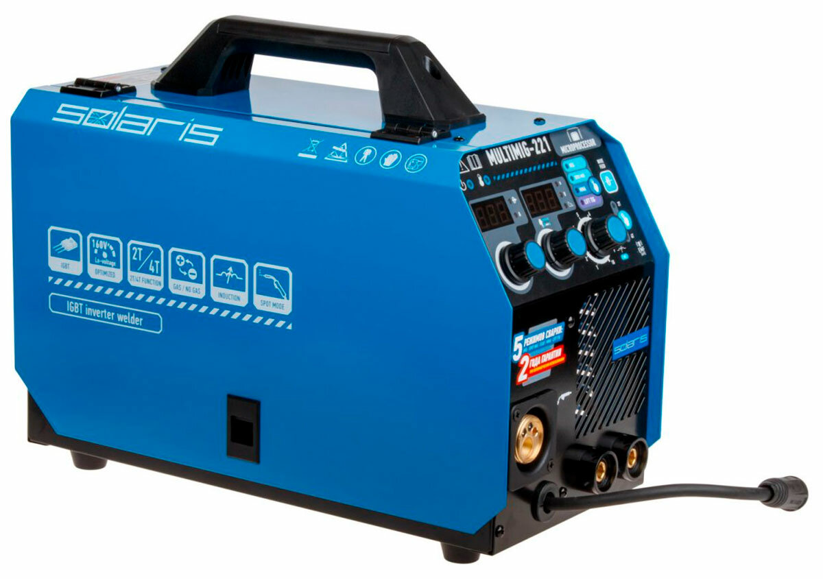 Полуавтомат сварочный Solaris MULTIMIG-221, 230 В, MIG/SPOT/FLUX/MMA/TIG, евроразъем, горелка 3 м, смена полярности, 2T/4T, регулировка индуктивности
