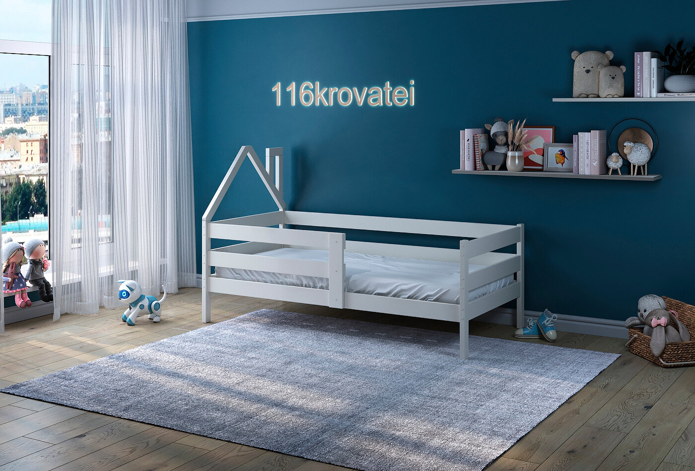 Детская кровать софа 200*90 с плоской крышей-домиком и бортиками слоновая кость