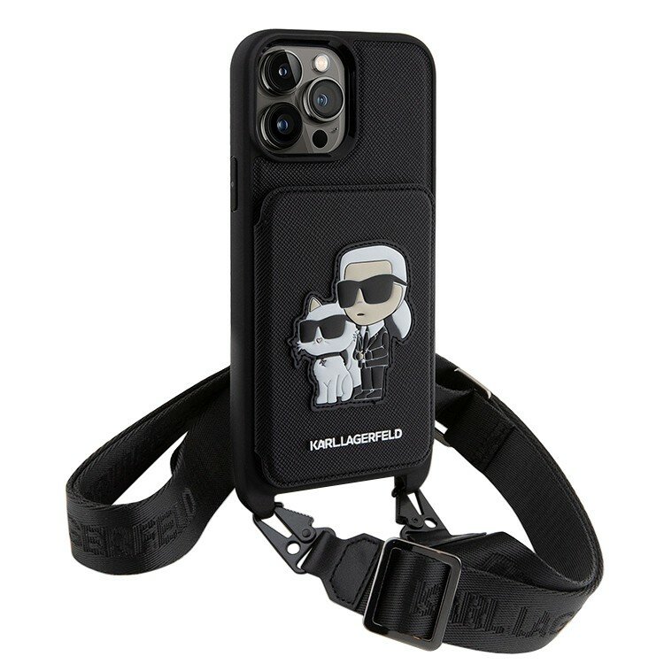 Karl Lagerfeld чехол с ремешком и картхолдером для iPhone 15 Pro Max, Crossbody PU Saffiano NFT Karl&Choupette, черный