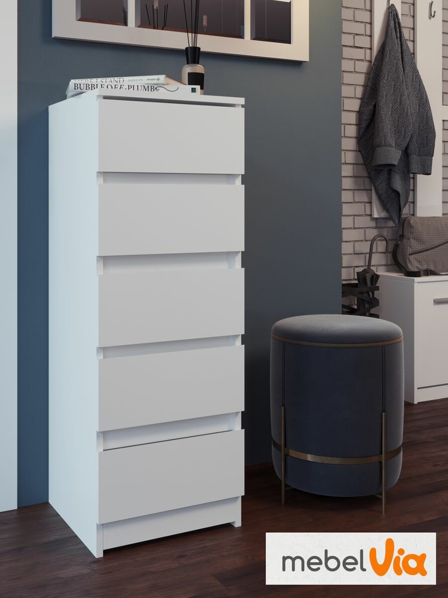 Комод Somero, 5 ящиков, ЛДСП, белый, 39х30,3х108,2 см, MebelVia