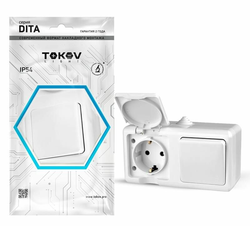 Блок ОП Dita (розетка 16А 250В с заземл. + 1-кл. выкл. 10А) IP54 белый TOKOV ELECTRIC TKL-DT-V1RZ-C01-IP54