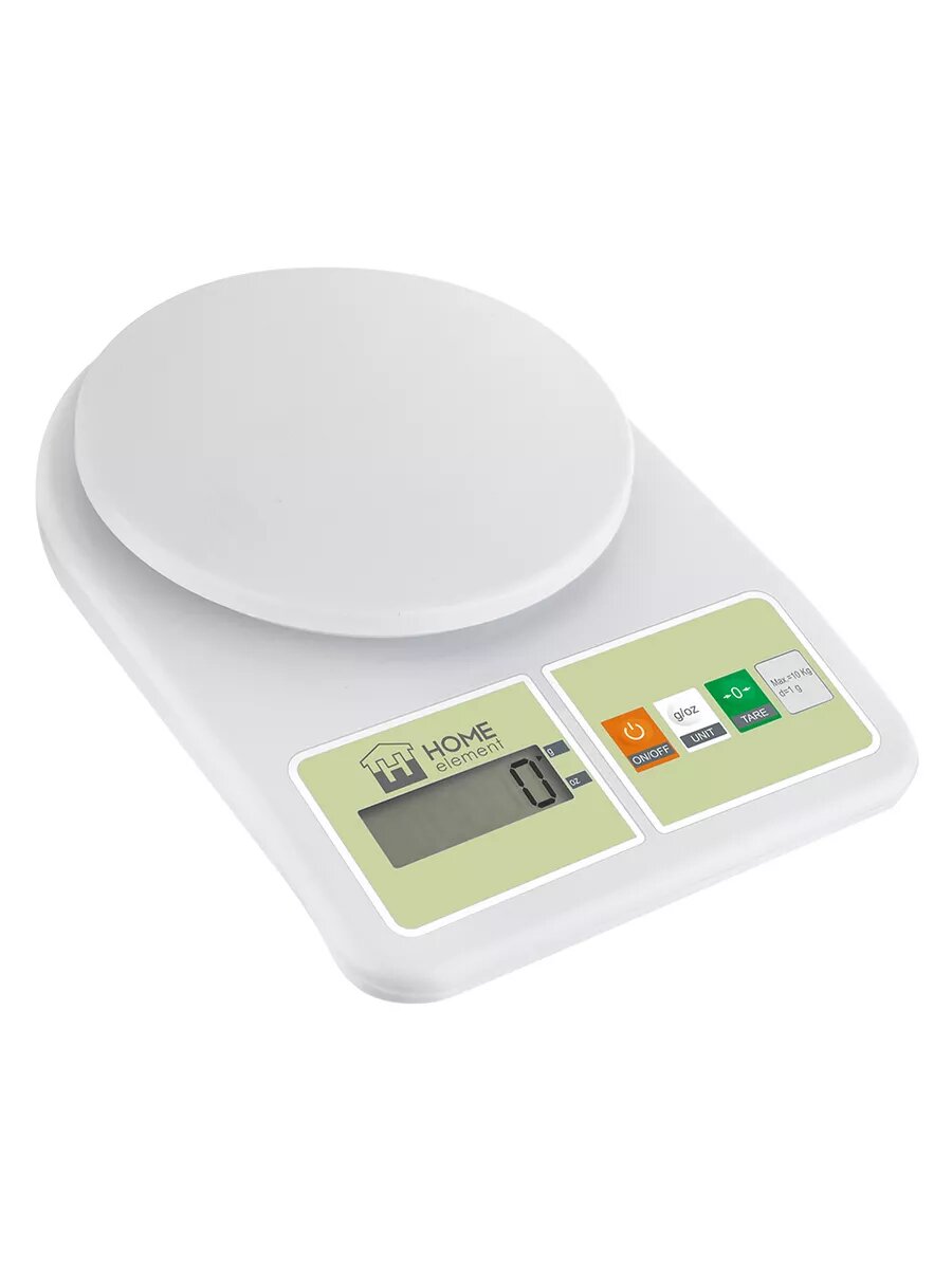 Кухонные весы HOME ELEMENT HE-SC930, электронное управление, точность до 1 г, белые/зелёные
