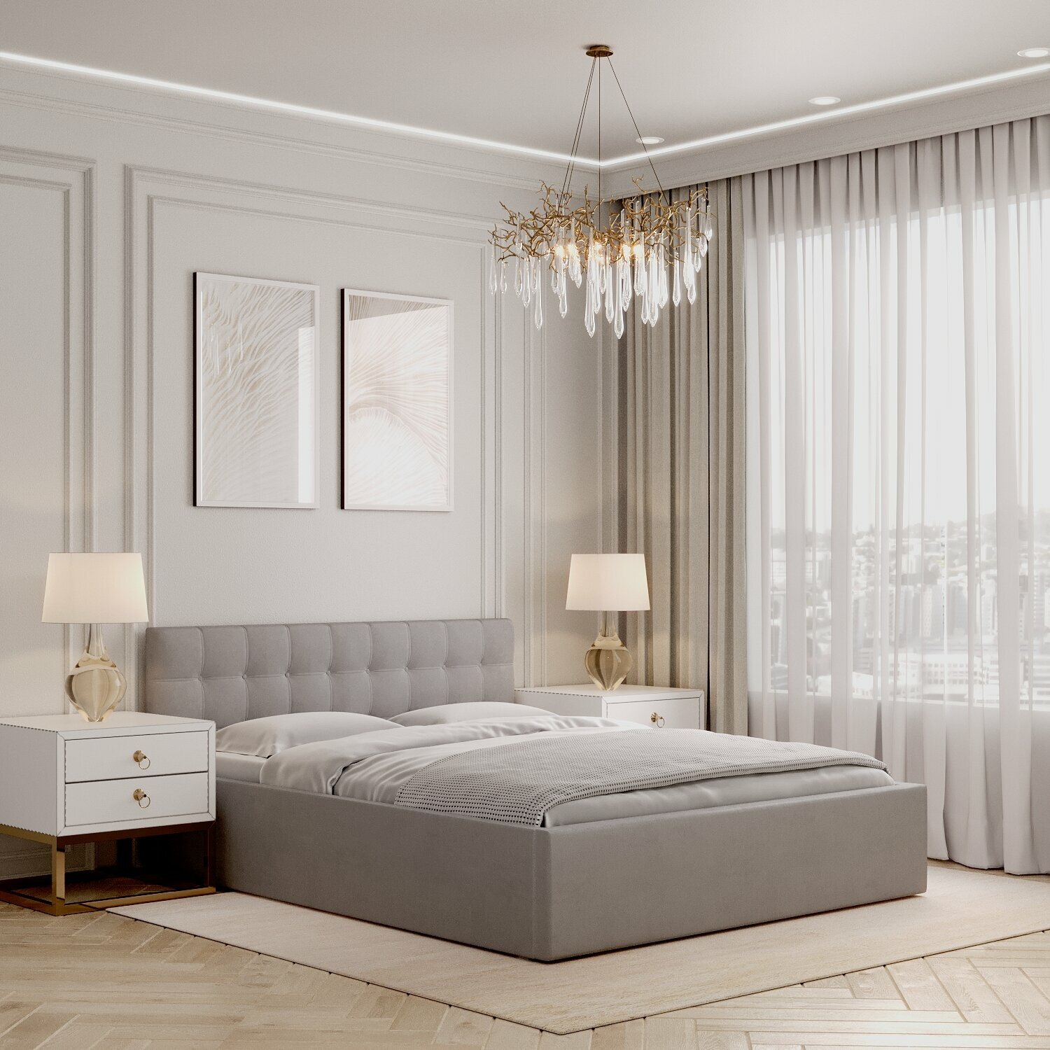 Кровать с матрасом 160х200 двуспальная с ортопедическим основанием, светло-серая