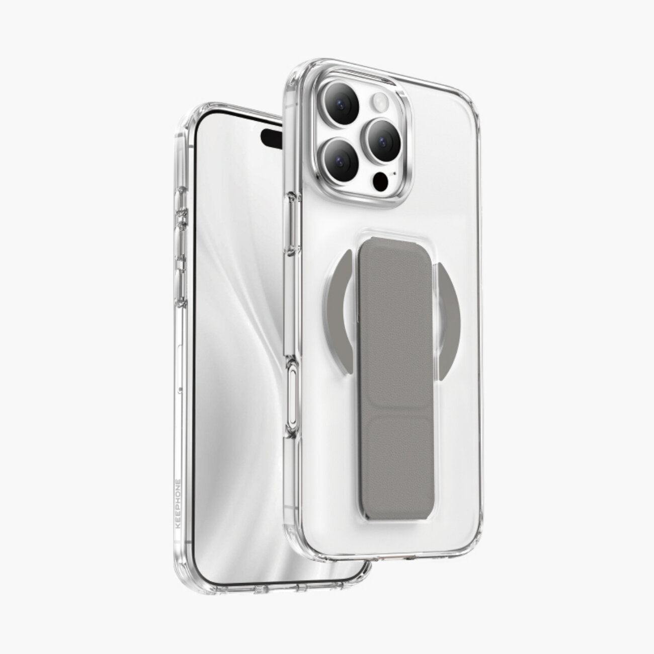 Чехол с МагСейф на Айфон 16 Про KeePhone SnapGrip Прозрачный, Кожаная ручка и складная подставка — Natural Titanium