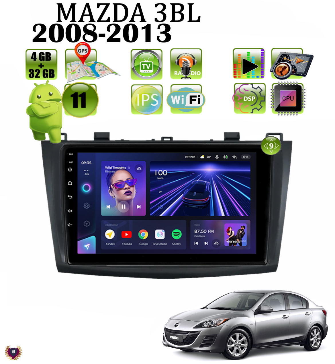 Автомагнитола для MAZDA 3 BL (2008-2013), Android 11, 4/32 GB, CarPlay, Bluetooth, GPS, WI-FI, IPS экран, сенсорные кнопки, поддержка кнопок на руле