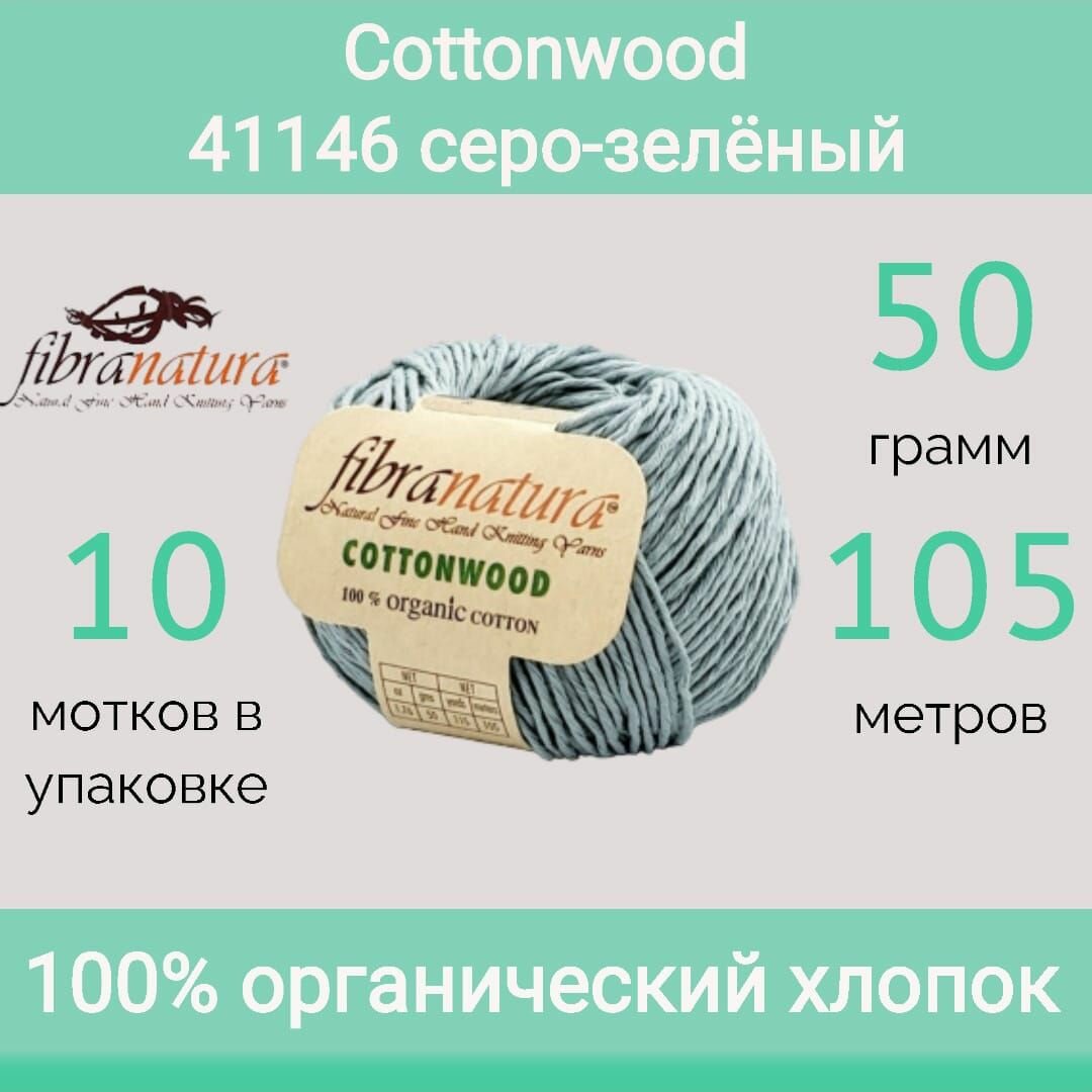 Пряжа Fibra Natura Cottonwood цвет 41146 серо-зелёный (50г/105м, упаковка 10 мотков)