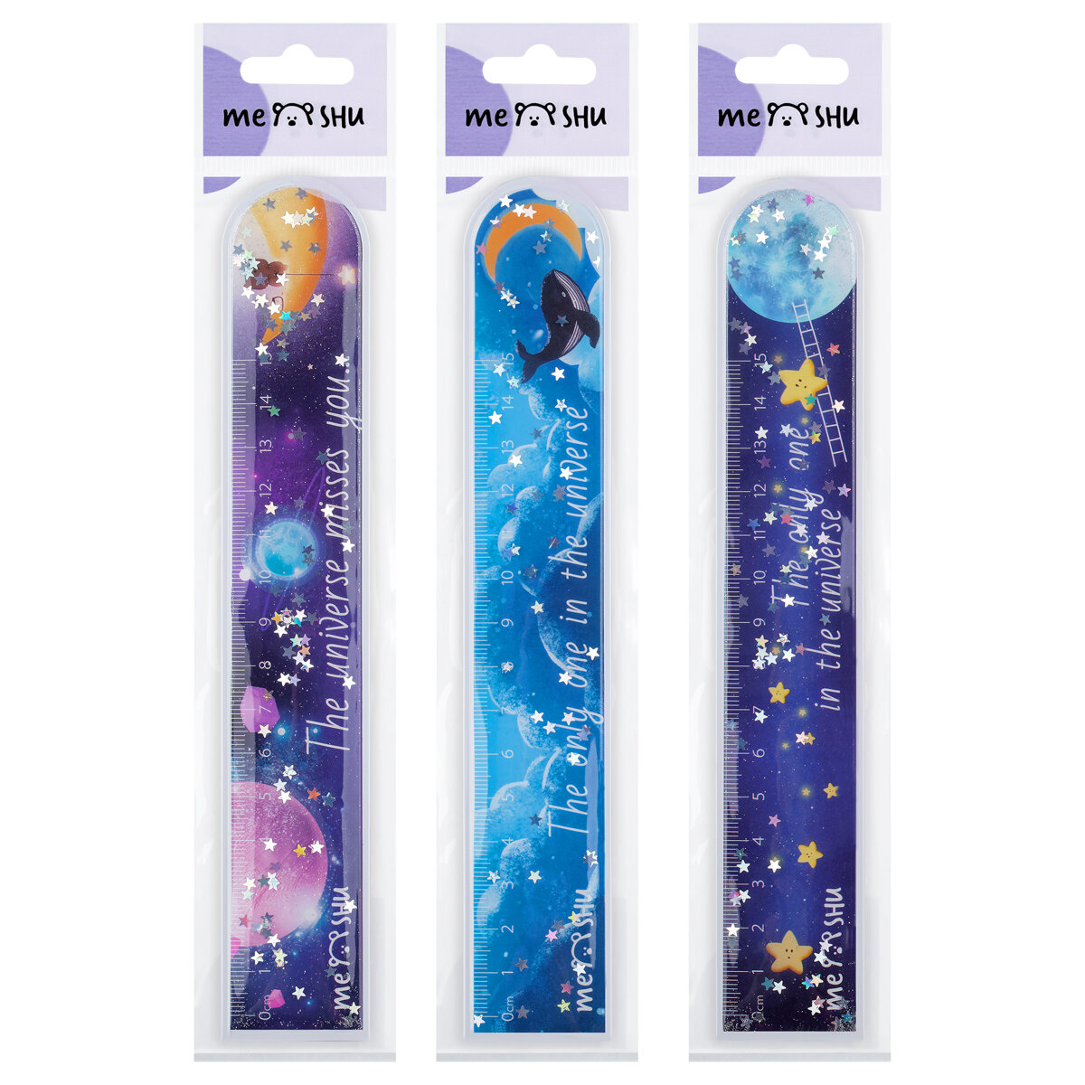 Комплект 54 шт, Линейка 15см MESHU "Universe" ПВХ с блестками, ассорти, европодвес