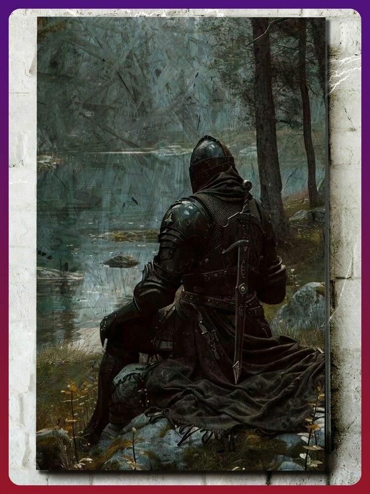 Картина интерьерная на рельефной доске Разное Фэнтези (Рыцарь, природа, воин, деревья, река) - 6241272