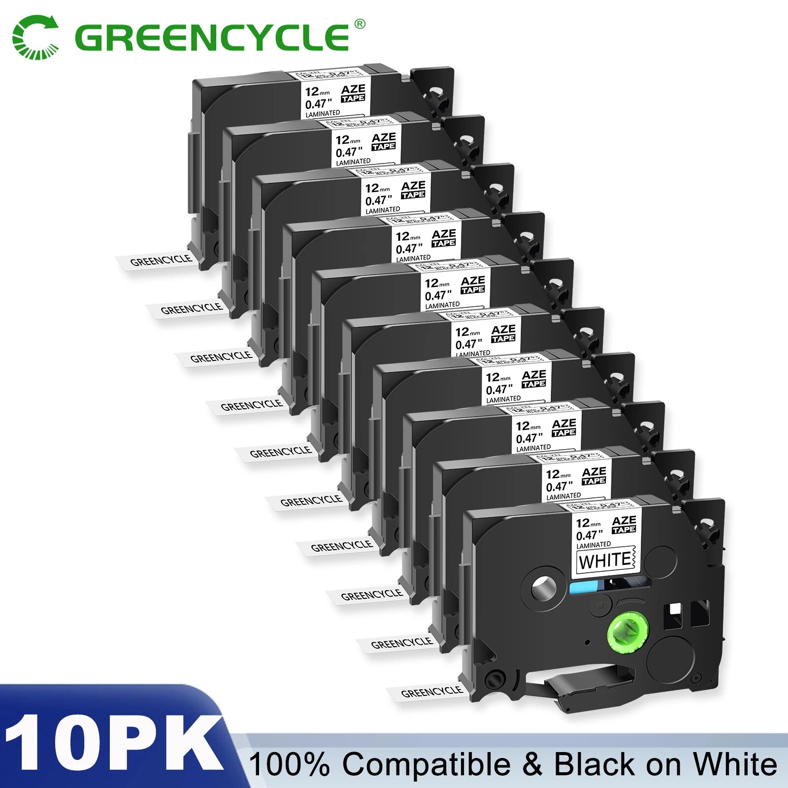 10шт. Ленты для принтера этикеток GREENCYCLE 9 мм, Black on White