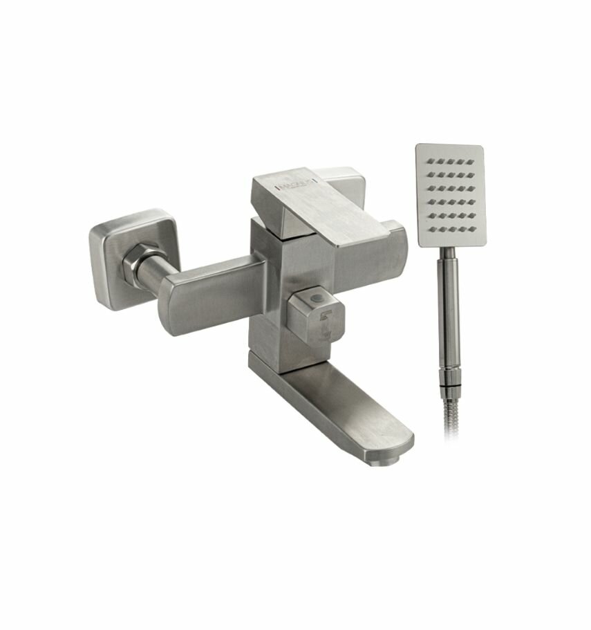 Магнус - Смеситель для ванны, короткий излив, шаровый, квадратный корпус, из нержавеющей стали марки 304, цвет сатин.