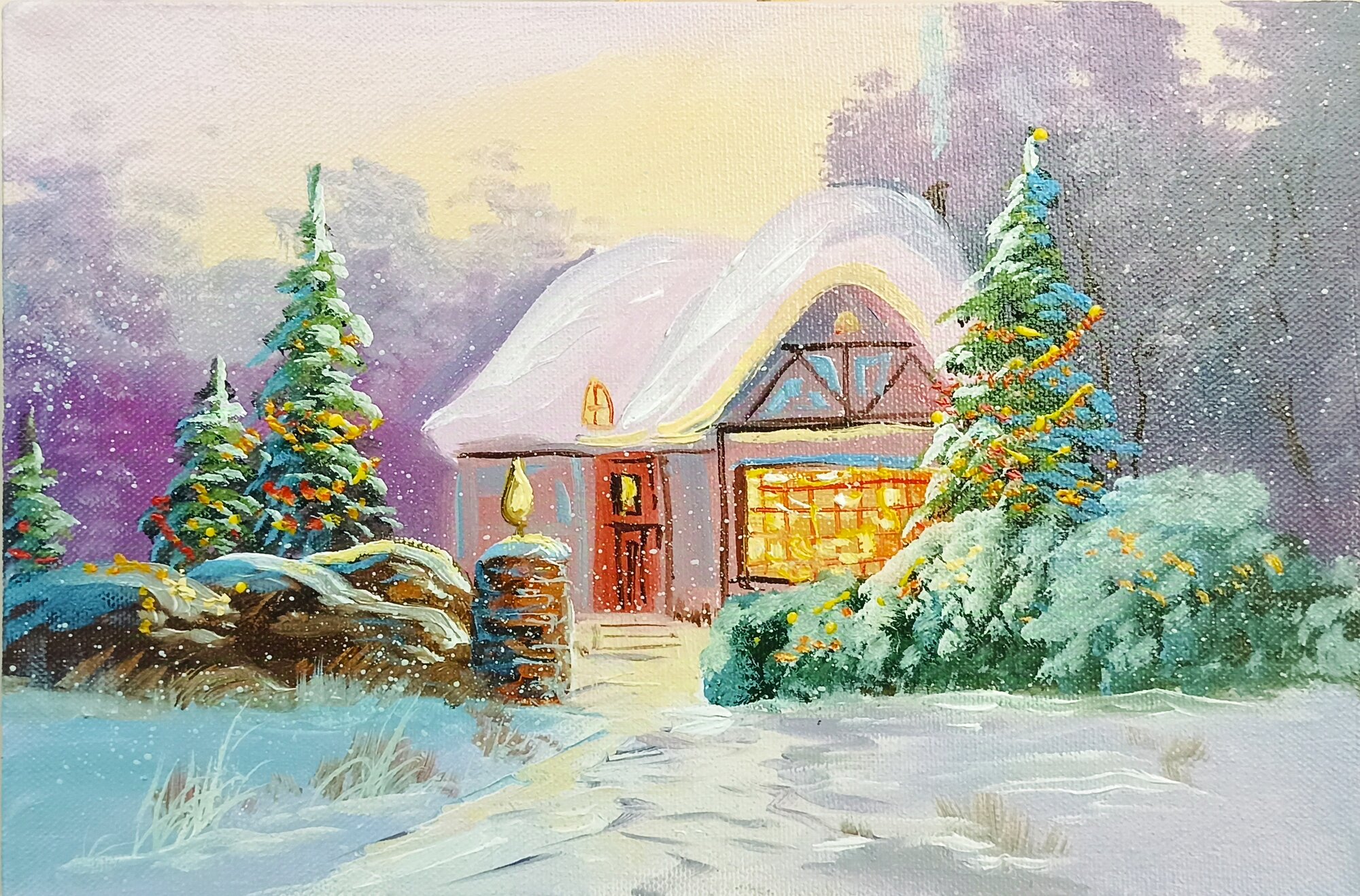 100% ручная работа. Картина маслом на холсте из серии "Необычные картины" от Художественной мастерской Грëзы. 100% живопись. Сказочный зимний пейзаж с ëлкой и деревенскими домиками. Размер картины 20х30 см.