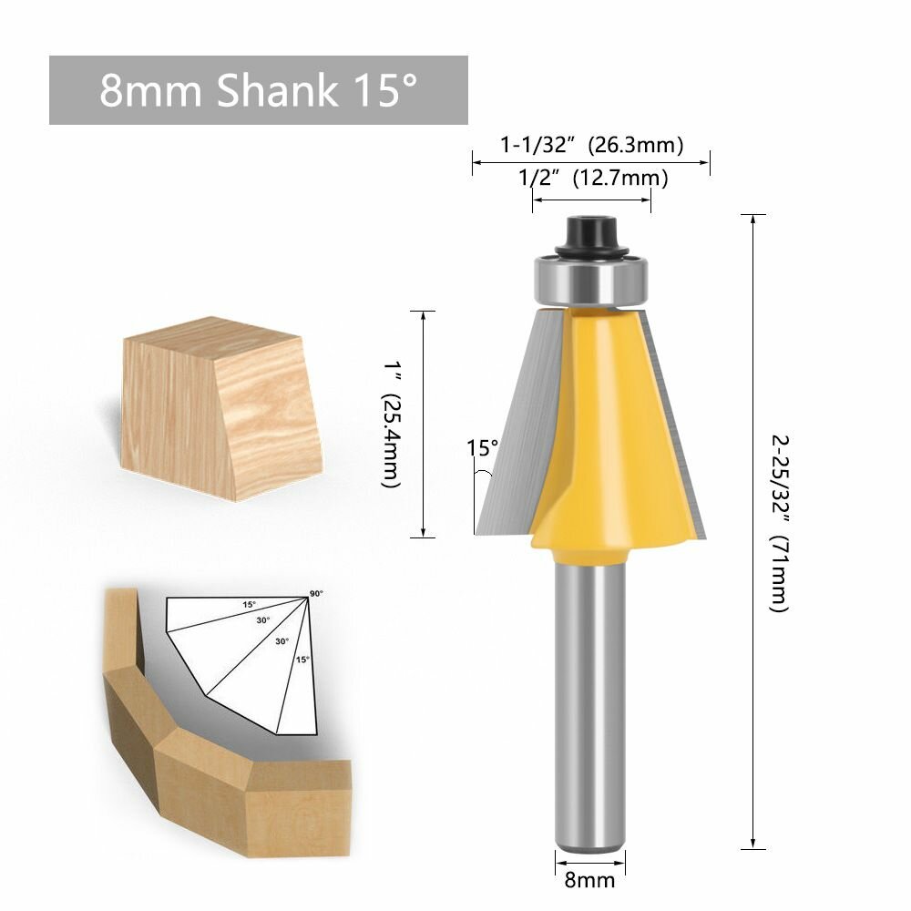Фреза по дереву кромочная конусная 15 градусов 26.3 x 25.4 мм с нижним подшипником хвостовика 8 мм